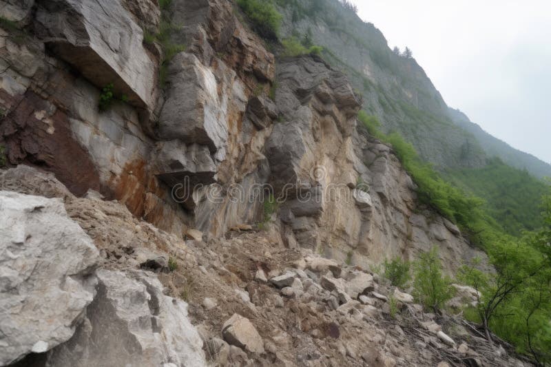 Massive Rockslide from Cliff, with Jagged Rock Fragments and Dust Stock ...