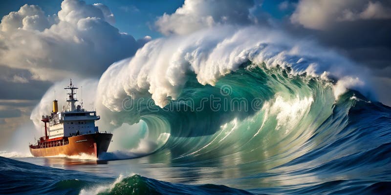 A Massive Rogue Wave Towering Over a Ship at Sea Stock Illustration ...