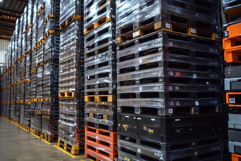 Tall Stacks of Pallets in a Busy Warehouse Showcasing Efficient ...