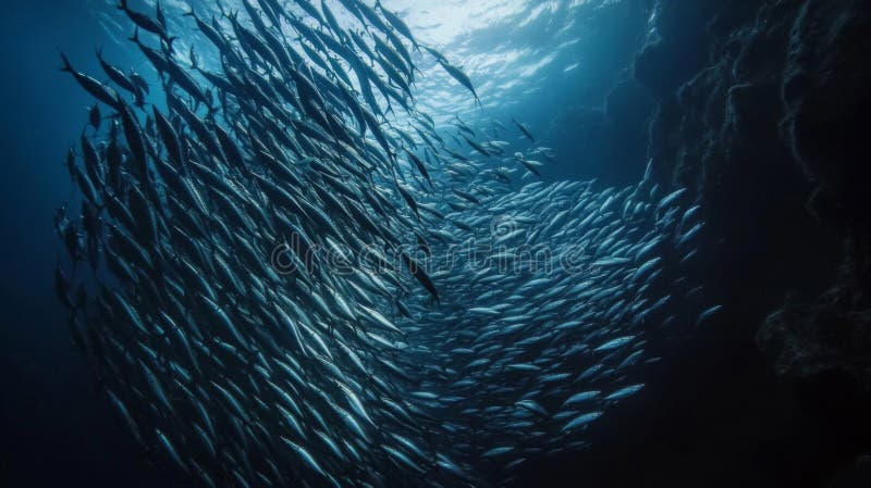 Massive School of Fish Swimming in Dark Blue Ocean Water Stock ...