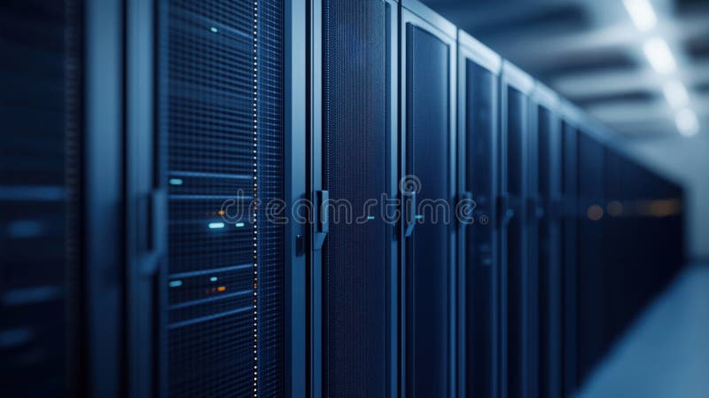 Massive Server Racks Line Data Center. Dark Blue Metal Cabinets House ...