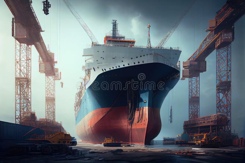 Massive Ship Being Lifted Out of Dry Dock Using Cranes Stock ...