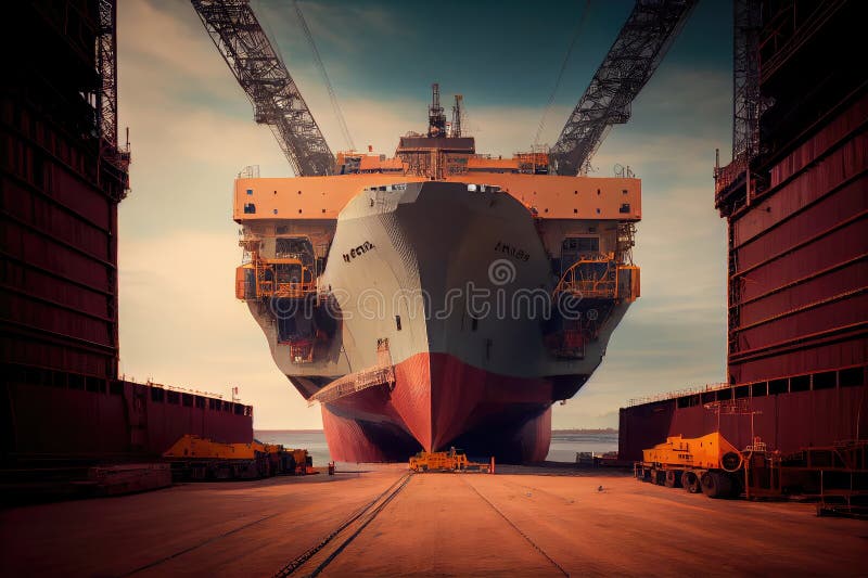 Massive Ship Being Lifted Out of Dry Dock Using Cranes Stock ...