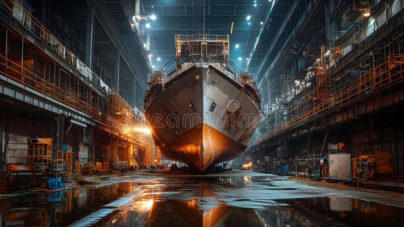 Massive Ship Construction in Industrial Shipyard with Dramatic Lighting ...