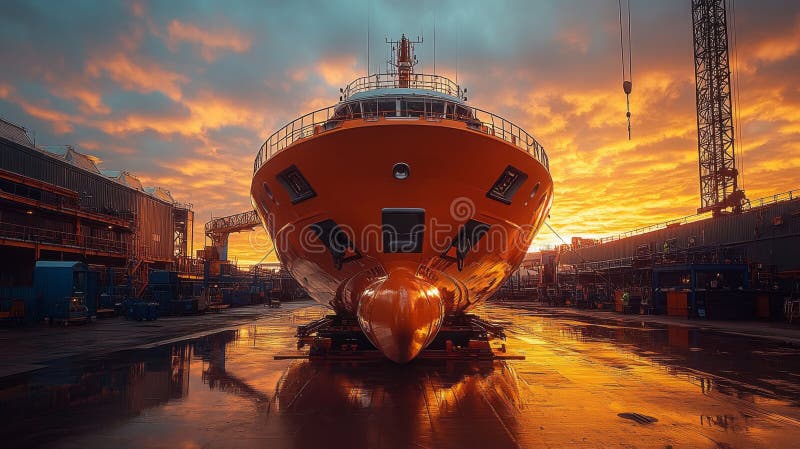 Massive Ship Under Construction at Sunset in a Busy Shipbuilding Yard ...