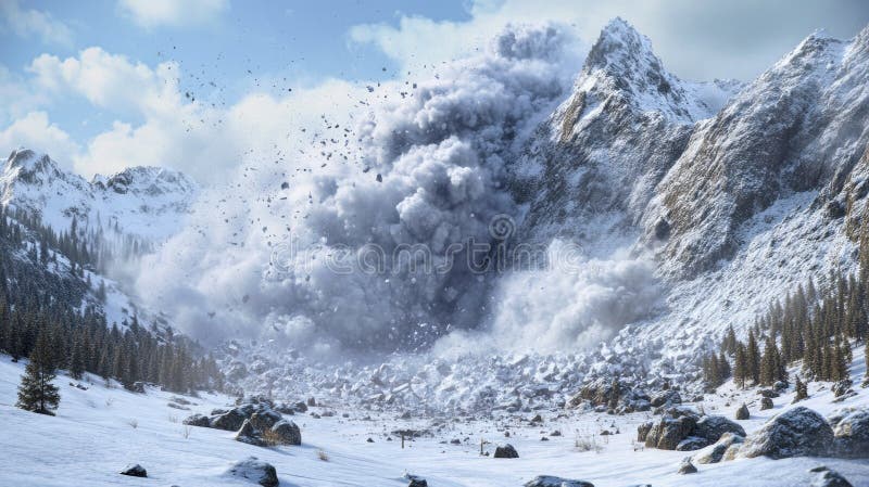 Massive Snow Avalanche Descends from Rugged Mountains in Winter ...