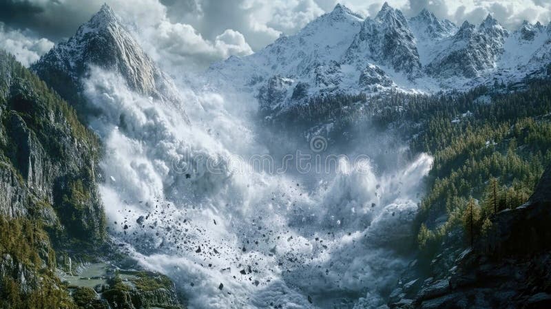Massive Snow Avalanche Tumbling Down a Rugged Mountain Landscape in ...