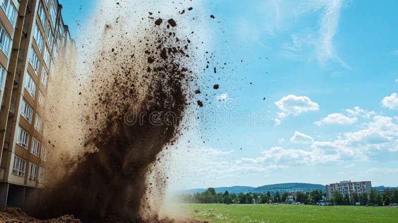 Massive Soil Explosion Near Building Demolition Site High Quality Image ...