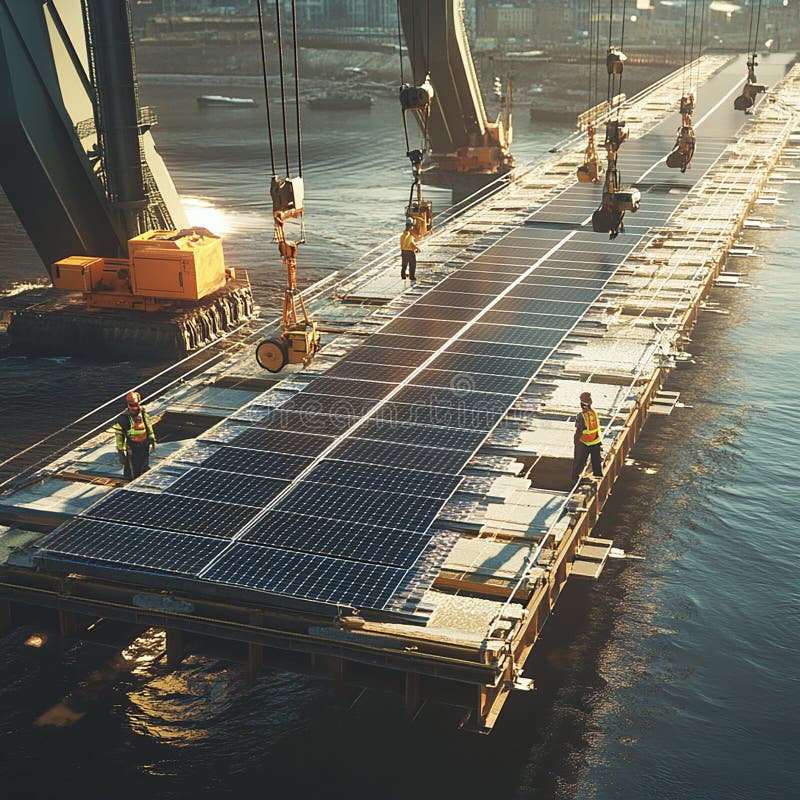 Massive Solar-Powered Bridge Under Construction Over a River Stock ...