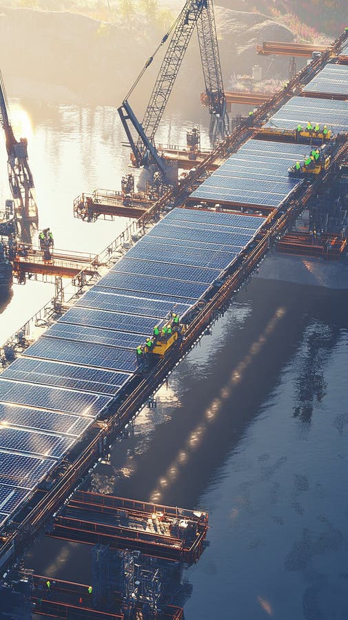 Massive Solar-Powered Bridge Under Construction Over a River Stock ...
