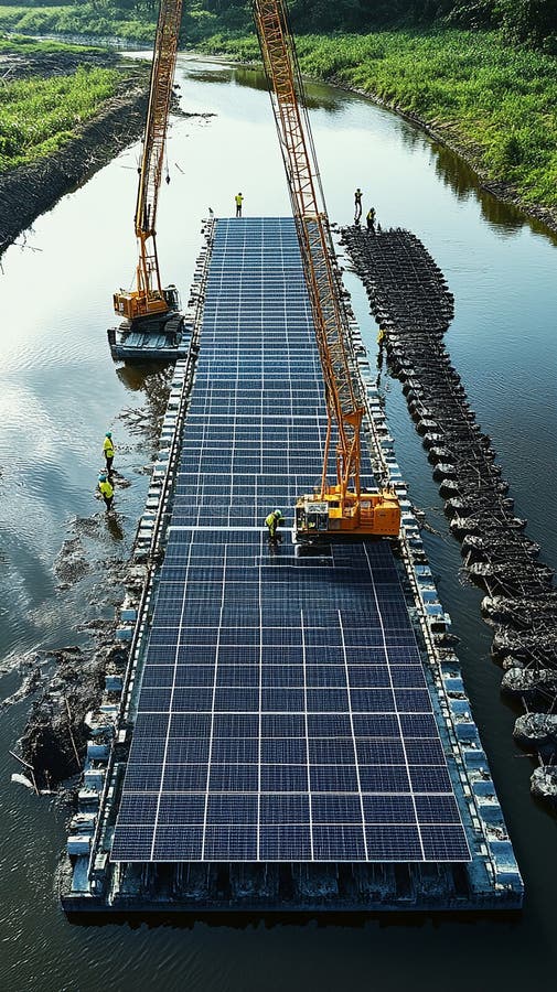 Massive Solar-Powered Bridge Under Construction Over a River Stock ...