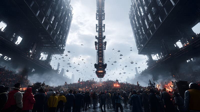 Massive Space Elevator Towers Over Bustling Crowd in Futuristic City ...
