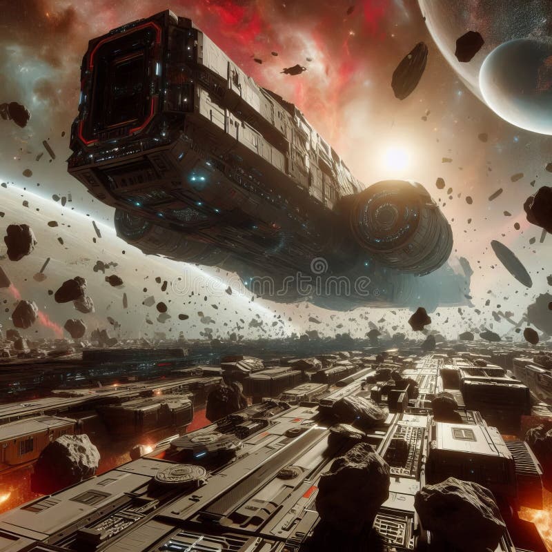 52 81. a Massive Space Freighter Hauling Cargo through a Debri Stock ...