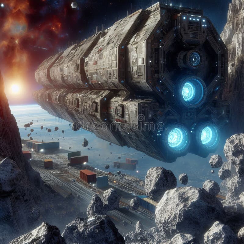A Massive Space Freighter Hauling Cargo through a Debris Fiel Stock ...