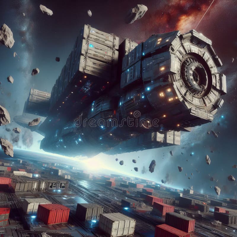 A Massive Space Freighter Hauling Cargo through a Debris Fiel Stock ...