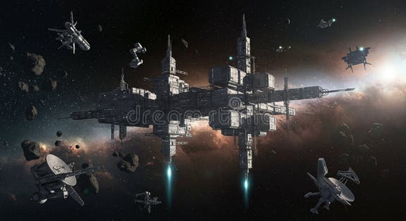 Massive Space Station with Angular, Modular Structures and Bright Blue ...