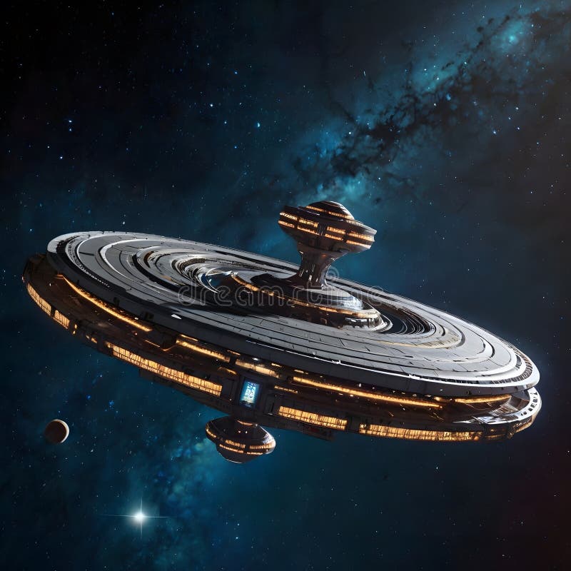 A Massive Space Station Orbiting a Distant Planet with Rings. Stock ...