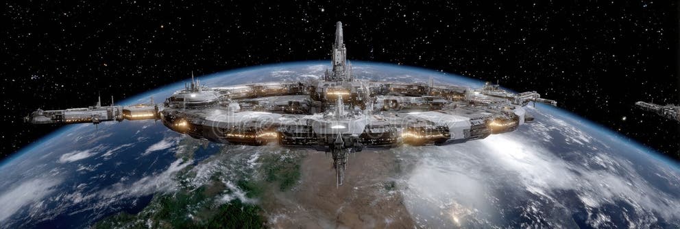 Massive Space Station Orbiting Earth with Advanced Technology and ...