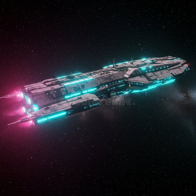 A Massive Spaceship, Illuminated with Bright Blue and Pink Lights, Travels through Stock ...