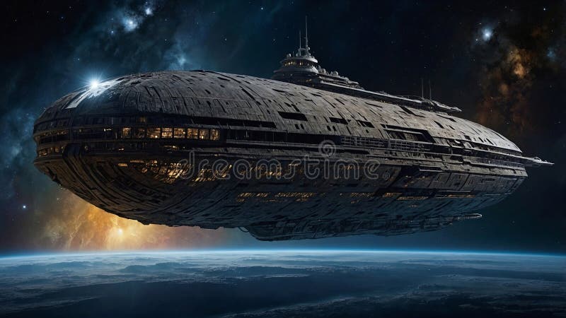Massive Spaceship in Sci-fi Style Over Planet Earth, Dark and ...