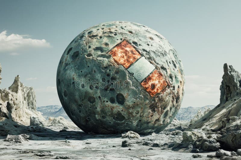 Massive Spherical Object with Glowing Section Rests on Barren Landscape ...