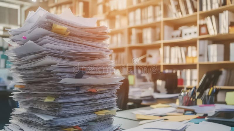 Massive Stack of Paperwork in a Busy Office Environment Stock ...