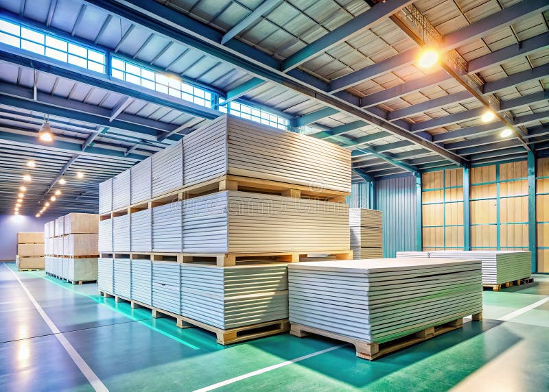 Massive Stack of Plasterboard Sheets on Pallets in a Busy Building ...
