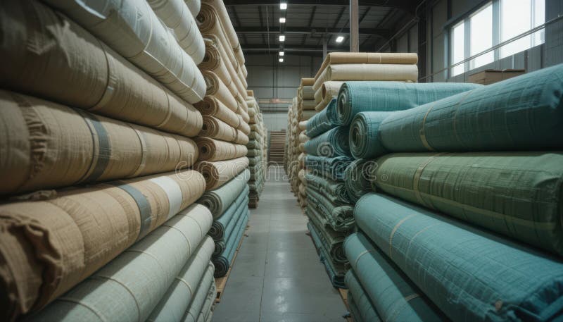 Massive Stacks of Rolled Fabric Materials Neatly Organized within a ...