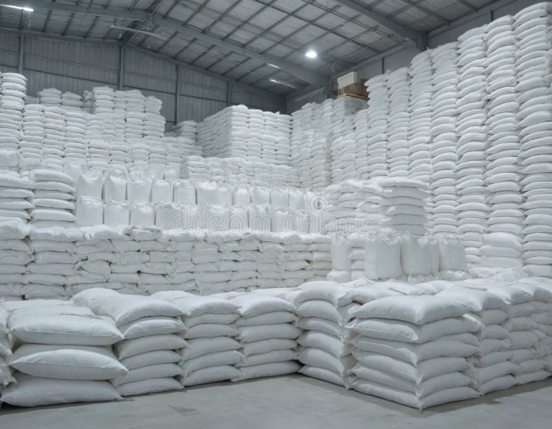 Massive Stacks of White Sacks Fill Spacious Warehouse Interior. Rows of ...