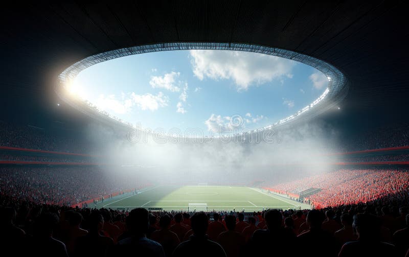 Massive Stadium with Open Roof and Bright Sky during a Sporting Event ...