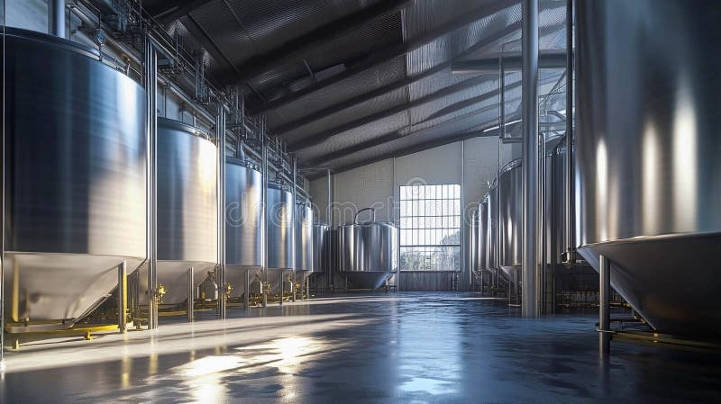 Large Industrial Brewery with Stainless Steel Fermentation Tanks Under ...