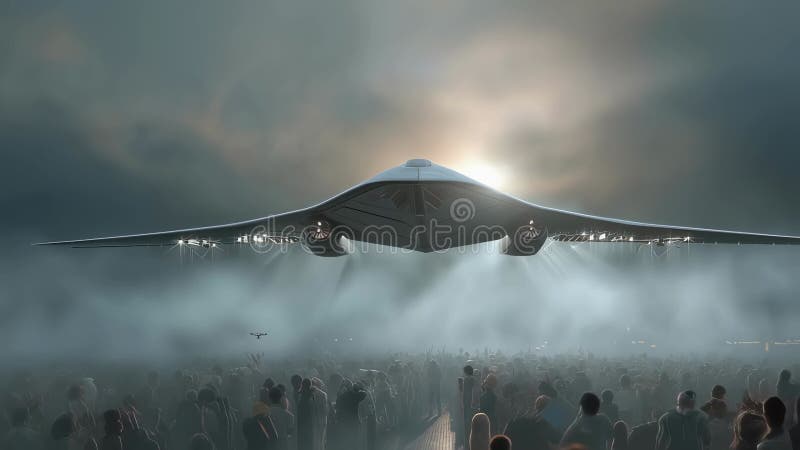 Futuristic Stealth Bomber Flying Over Crowd at Sunset Stock Footage ...