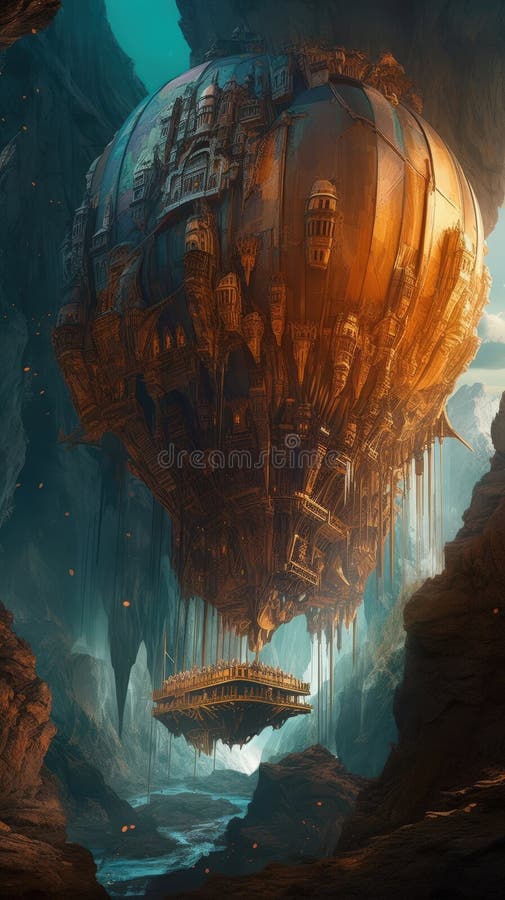 Massive Steampunk Airship in Mystical Cave Setting Stock Photo - Image ...