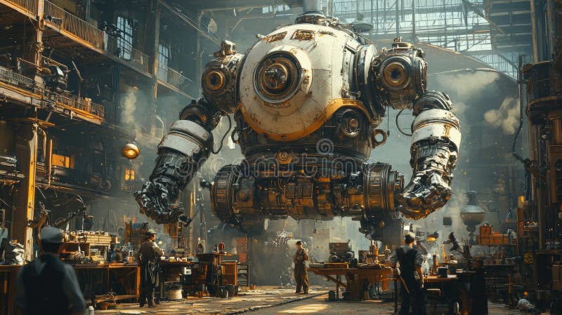 Massive Steampunk Robot Floating in Workshop Stock Photo - Image of ...