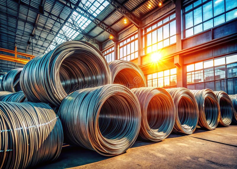 Massive Steel Wire Rod Coils Stacked in a Modern Industrial Warehouse a ...