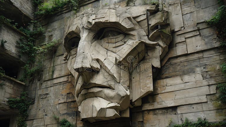 Massive Stone Face Sculpture Embedded in a Concrete Wall, Resembling ...