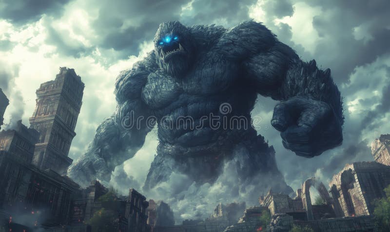 Massive Stone Giant Towering Over Ancient Ruins with Glowing Blue Eyes ...