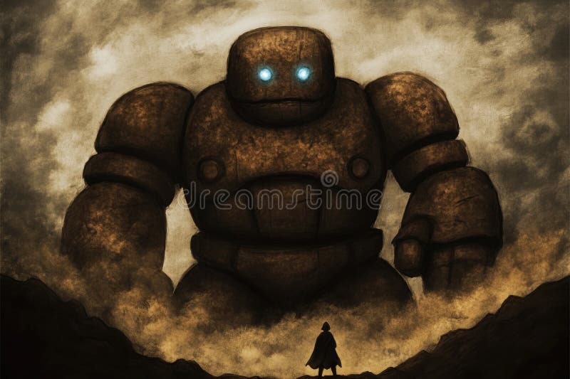 Massive Stone Golem with Glowing Eyes Confronts Lone Figure in Dramatic ...