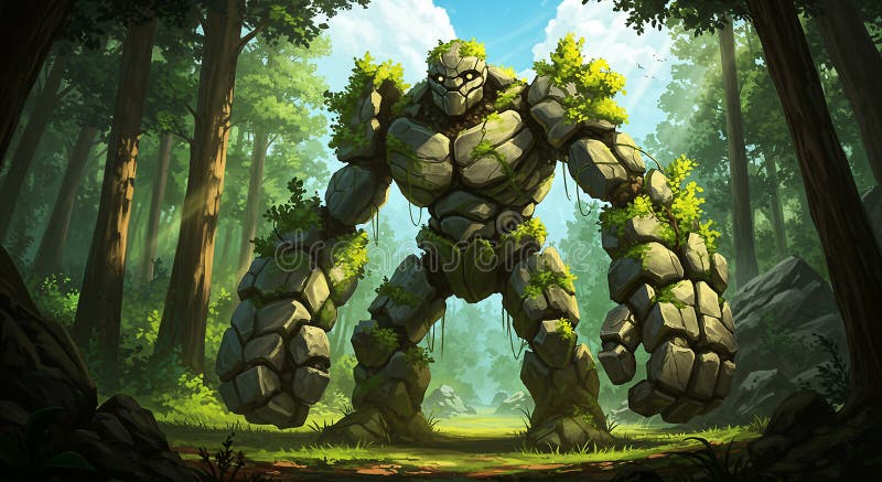 A Massive Stone Golem Stands in a Lush Forest, Comprised of Large ...