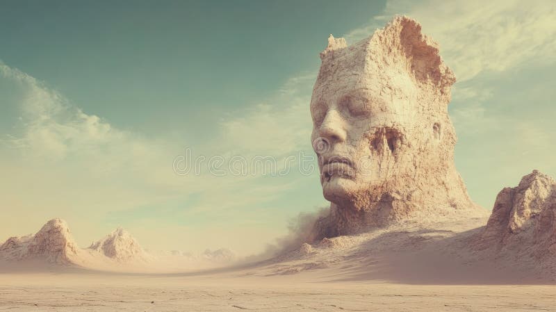 Massive Stone Head Emerges from a Barren Desert Landscape Stock ...
