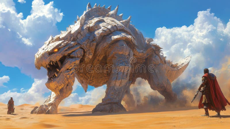 Massive Stone Monster in a Desert Confrontation Stock Illustration ...