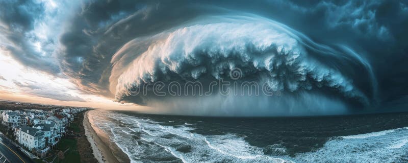 Massive Storm Approaching Coastal Town at Sunset, Dramatic Weather ...