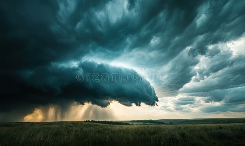 Massive Storm Cloud Looming Over a Rural Field with Sun Rays Breaking ...
