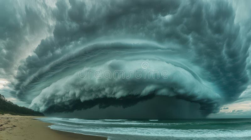 Massive Storm Clouds Rolling in Over a Beach with Waves Crashing ...