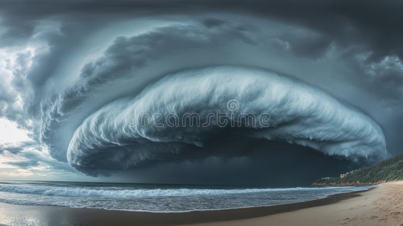 Massive Storm Clouds Rolling in Over a Beach with Waves Crashing ...