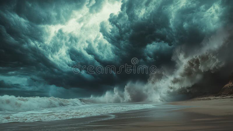 Massive Storm Clouds Rolling in Over a Beach with Waves Crashing ...