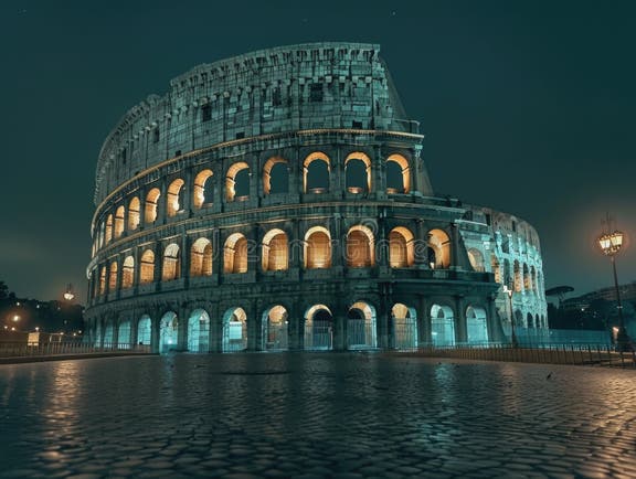 A Massive Structure with Numerous Bright Lights at Night Stock Image ...