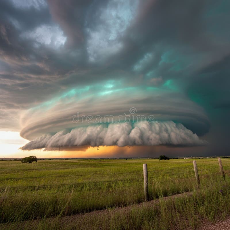 Massive Supercell Storm Over a Grassy Field, Displaying a Captivating Structure of Stock ...