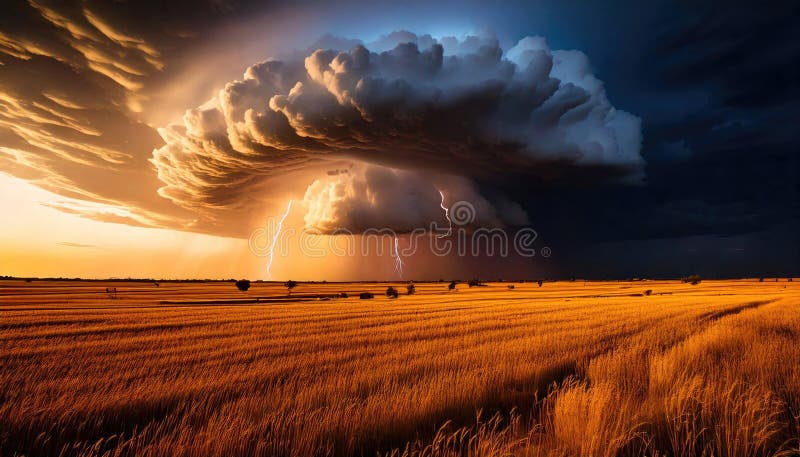 A Massive Supercell Thunderstorm Forming Over Golden Fields, with ...