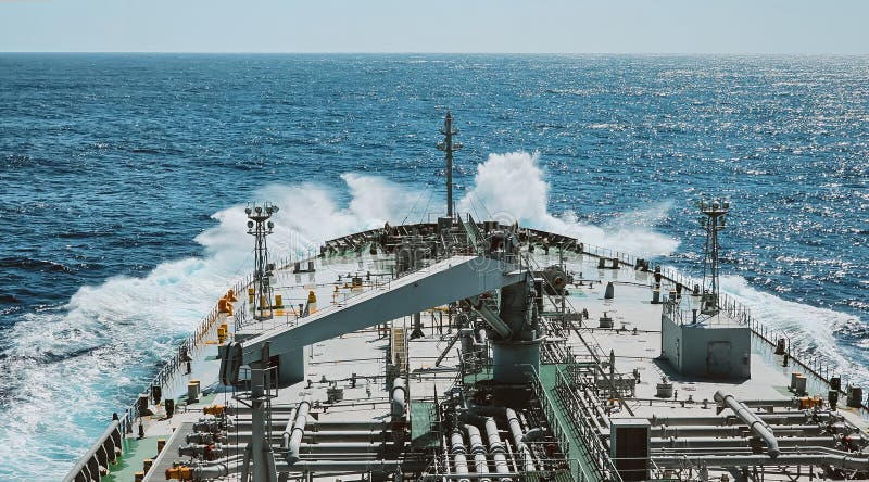 Massive Tanker Sailing in the Ocean. View from the Bridge Showing Deck ...